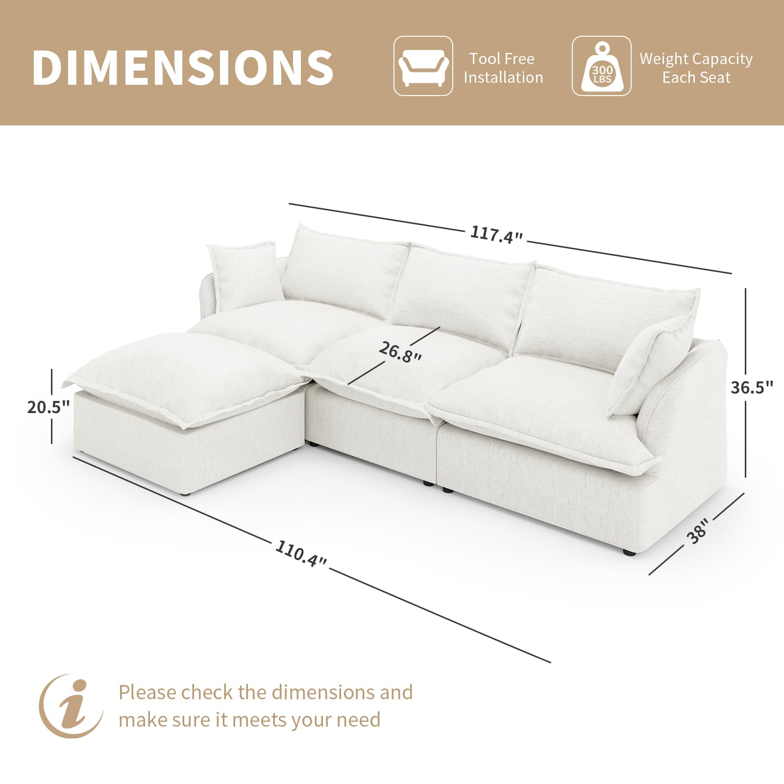 Gtilzria Modular Cloud Sectional Linen Sofa for Living Room,L Shape Couch with Reversible Chaise,Deep Seat Couch,Down Filled Sofas,Detachable Washable Couches Cushion Covers,for Apartment,Office,White