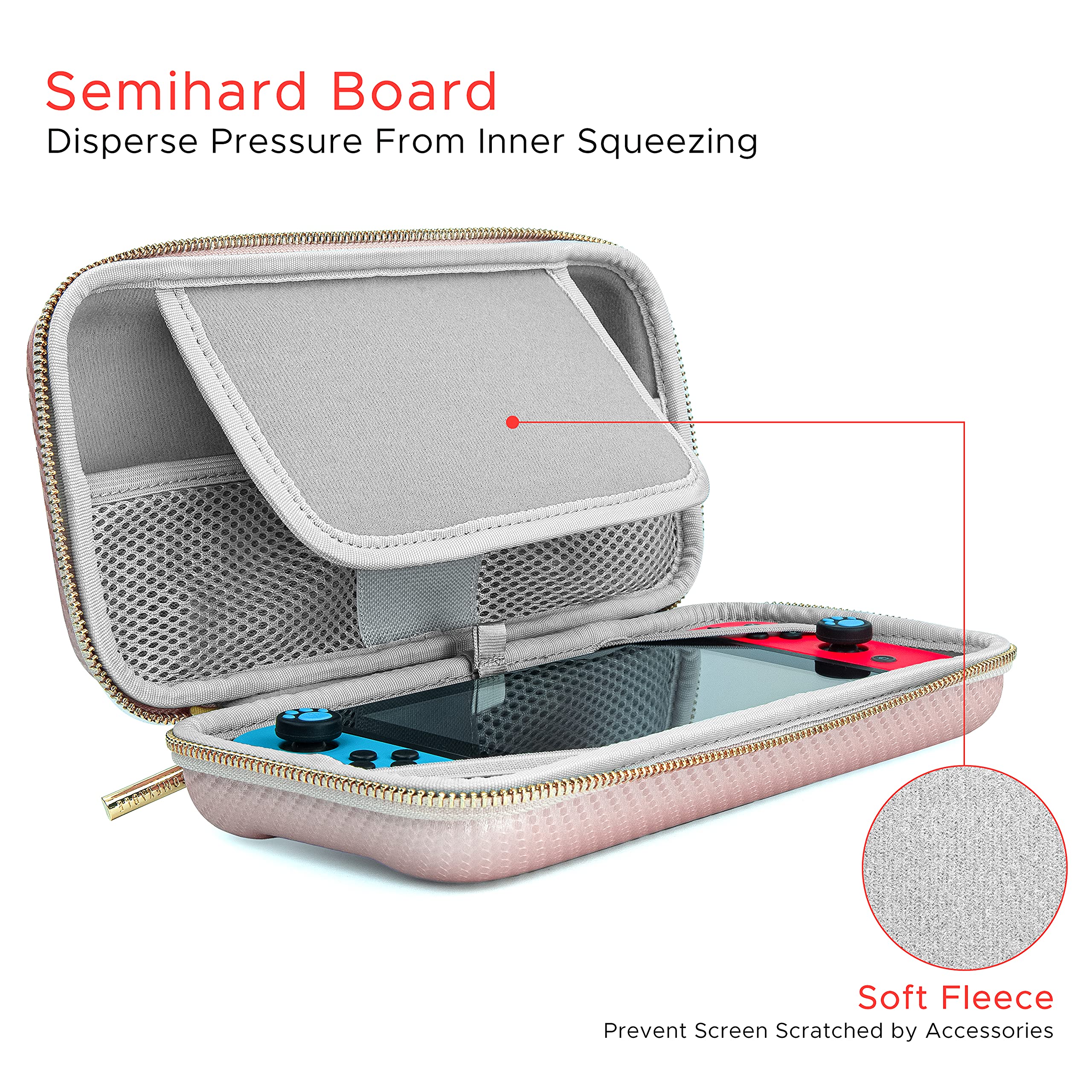 Comfyable Carrying Hard Case for Nintendo Switch OLED 2021 with 10 Game Slots, Cute Portable Travel Pouch Protective Waterproof Cover with Pocket for Accessories, Rose Gold Pink