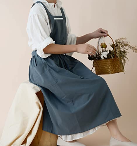 ENN&EEZY Pinafore Aprons for Women with Pockets Japanese Cross Back Linen Apron for Kitchen Cooking, Gardening, Painting, Baking Green