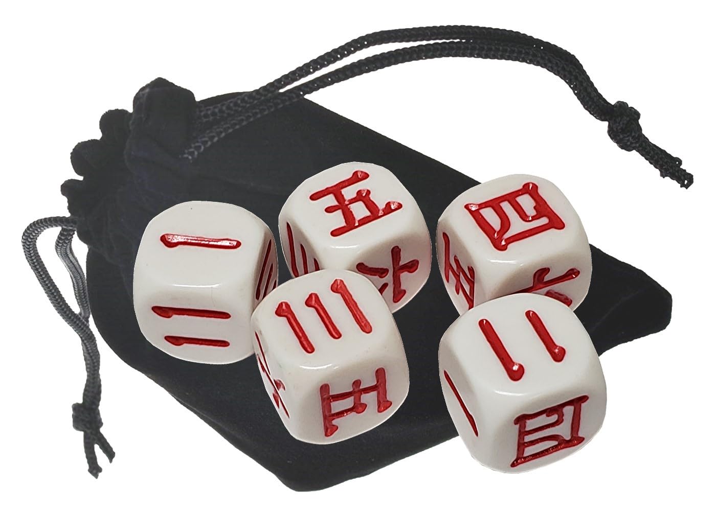 Set of (5) 16mm Rounded Corners Chinese Japanese Dice with Black Velvet Storage Pouch