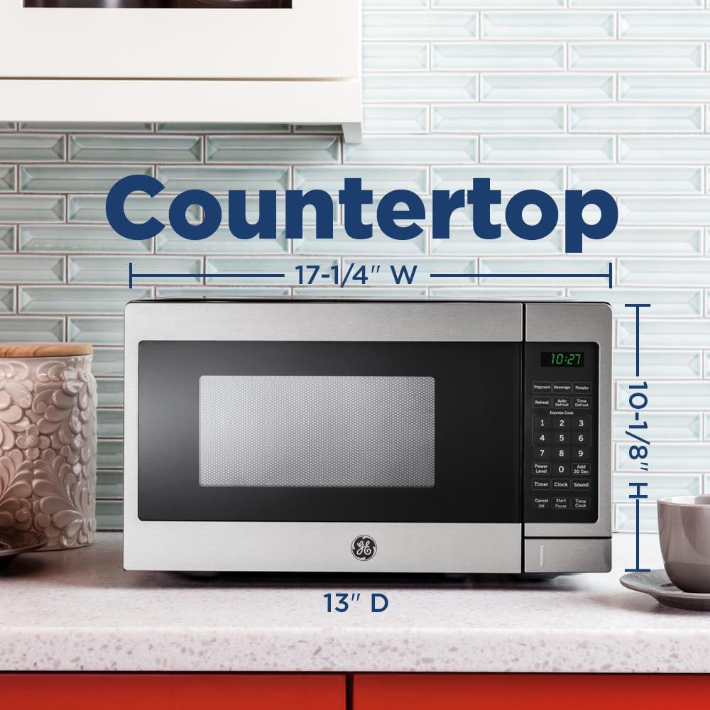 GE GCHK07N1WSS Microwave Oven, 700-watt 6 Auto Cooking Settings, Kitchen Essentials for The Countertop, Dorm Room or Apartment, Child-Lock Technology 0.7 Cu. Ft, Stainless Steel