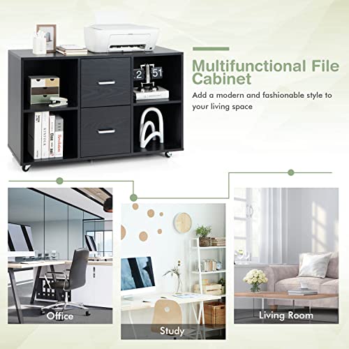 IFANNY 2 Drawer File Cabinet, Lateral Filing Cabinet with Shelves & Wheels, Black Buffet Sideboard, Rolling Storage Cabinet, Wood Cabinets for Home Office, Dining Living Room, Kitchen, Bedroom
