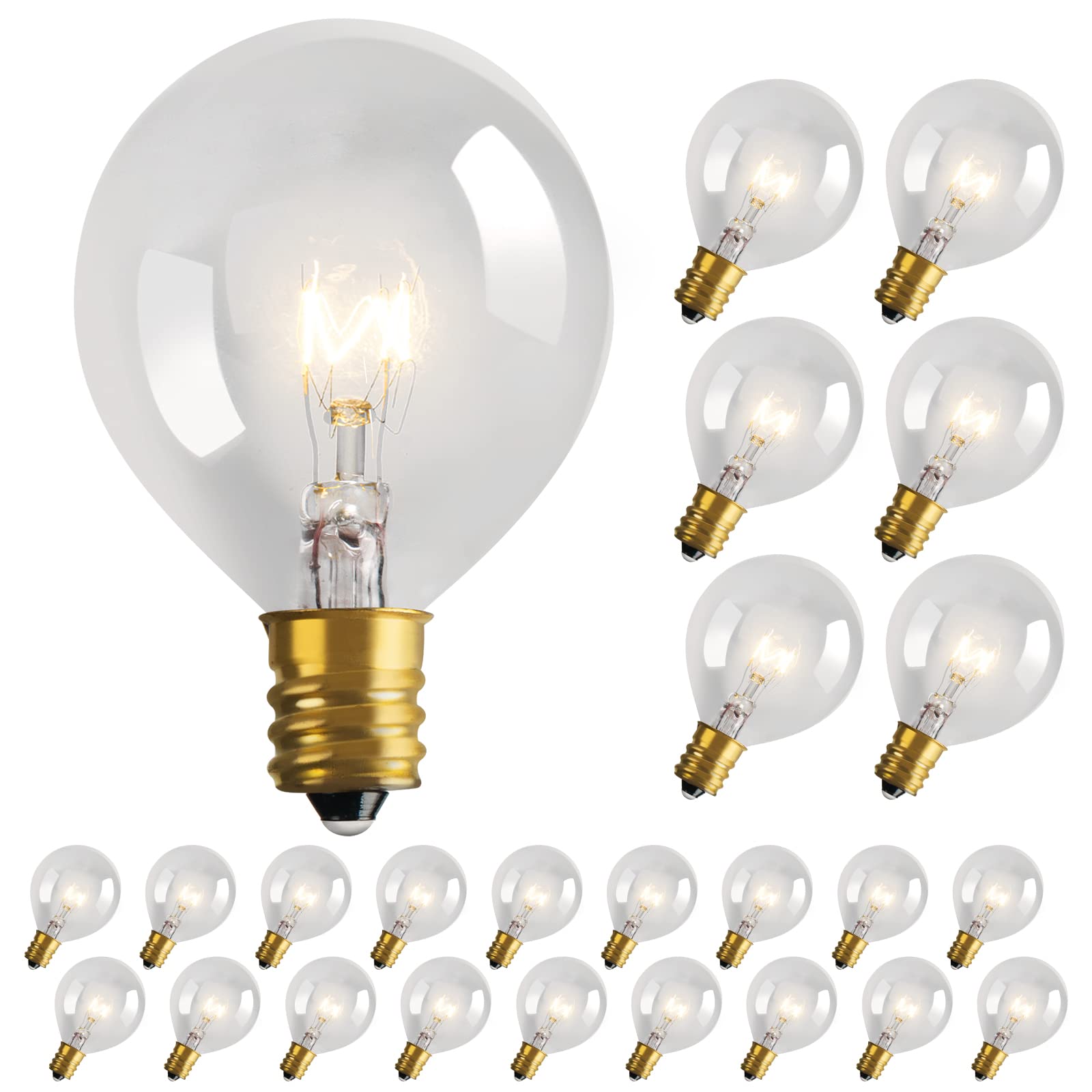 DGE G40 Small Replacement Bulbs for Patio String Lights, 5 Watt Clear Glass Incandescent Bulb with E12 Candelabra Base, 25 Pack