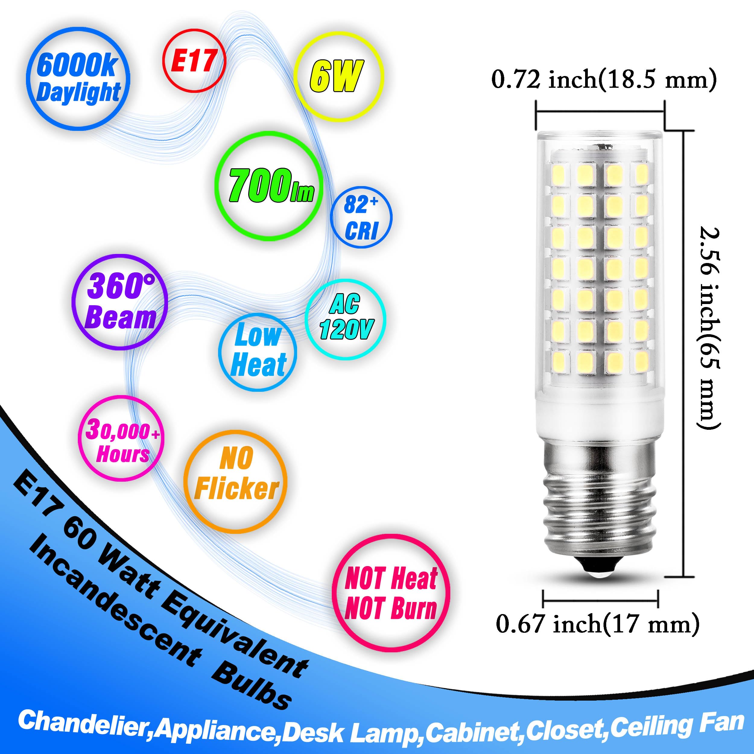 Heifymi E17 LED Light Bulb 6W(60W Halogen Equivalent) 6000K Daylight White 700lm 120V E17 LED Intermediate Base Bulb for Chandelier,Appliance,Desk Lamp,Cabinet,Closet,Ceiling Fan,Non-dimmable,5pack