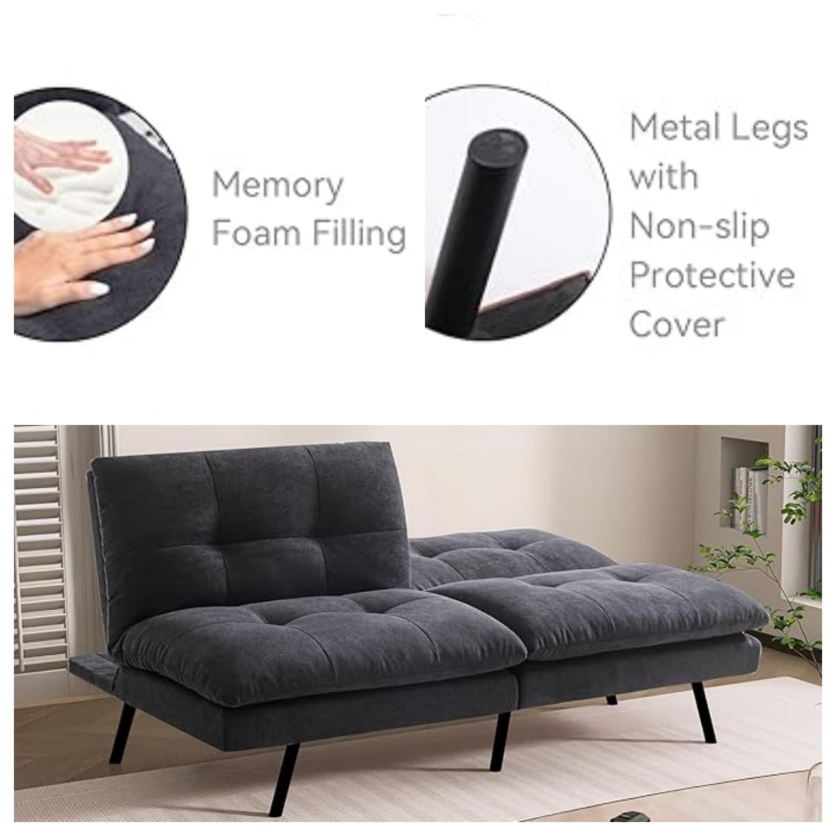 GlasFlength Futon Sofa Bed Loveseat Sleeper Sofa, Convertible Sofa Bed Small Couch with Memory Foam Split Seat Design, Linen Fabric Futon Couch for Living Room, Apartment, Bedroom (Black)