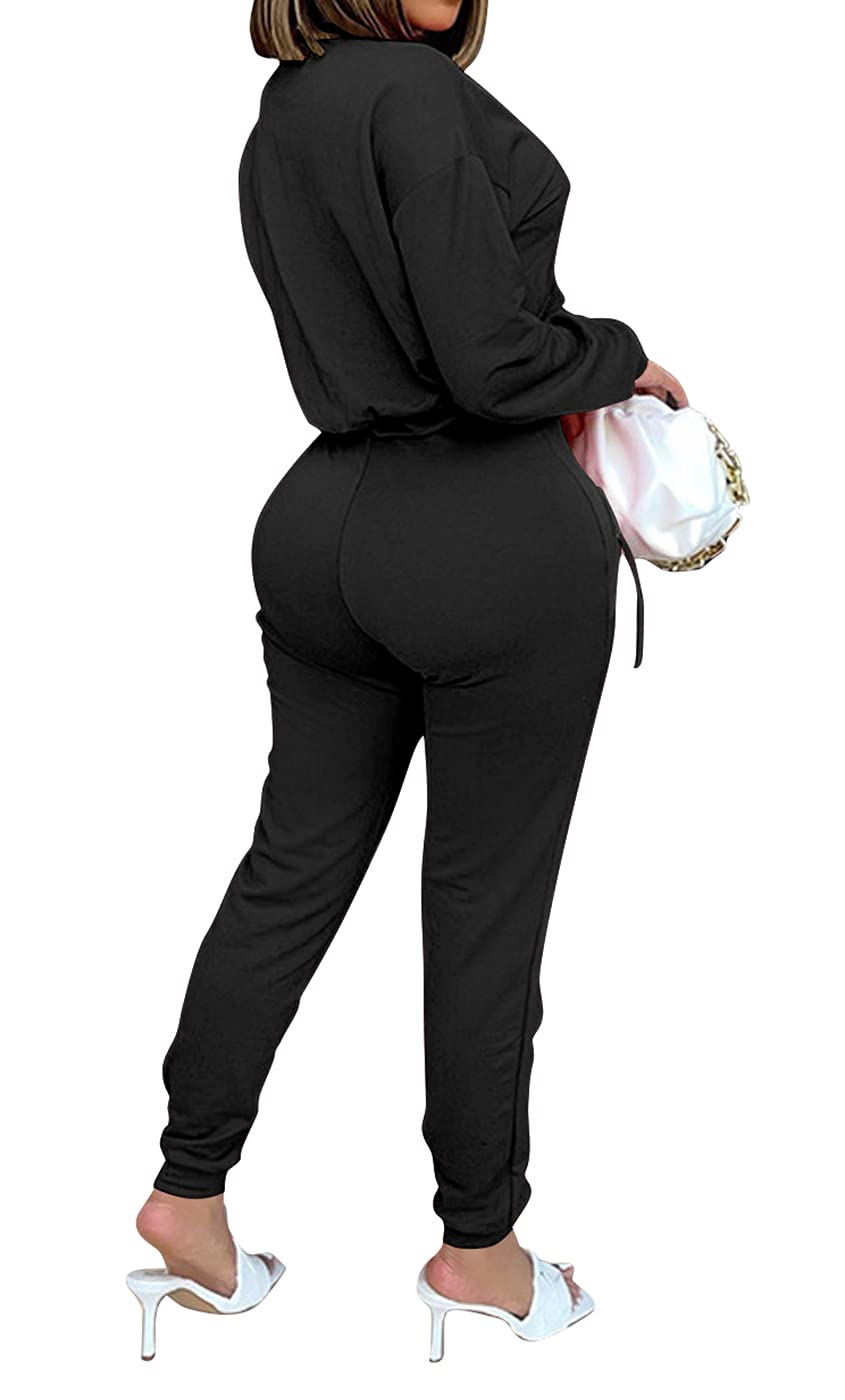 Dgebou Women's Casual Solid Two Piece Outfits, Long Sleeve Loose Crop Top and Elastic High Waisted Bandage Sweatpants Set Sweatsuits Tracksuit Fall 2 Piece Outfit Loungewear (A-Black, XL)