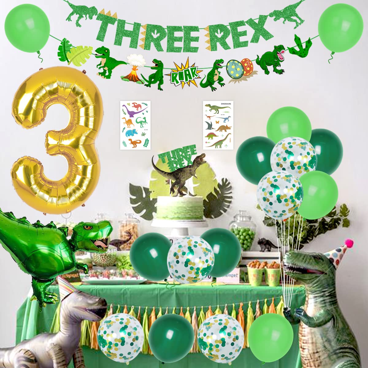 Dinosaur 3rd Birthday Decorations, 3 Rex Birthday Party Supplies - Three Rex Banner, Cake&Cupcake Toppers, Dinosaur Balloons,Temporary Tattoos for Roar I’m 3 Boys Girls Birthday
