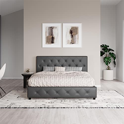 DHP Dakota Upholstered Platform Bed with Diamond Button Tufted Headboard and Footboard, No Box Spring Needed, Queen, Gray Faux Leather,Grey