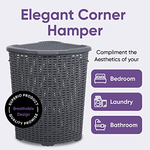Plastic Corner Laundry Hamper with Lid, Curved Designed Laundry Basket, 2 Pack Triangle Grey Cloths Hamper Organizer with Cut-out Handles for Laundry Room Bedroom Bathroom, Wicker Design, 50 Liter