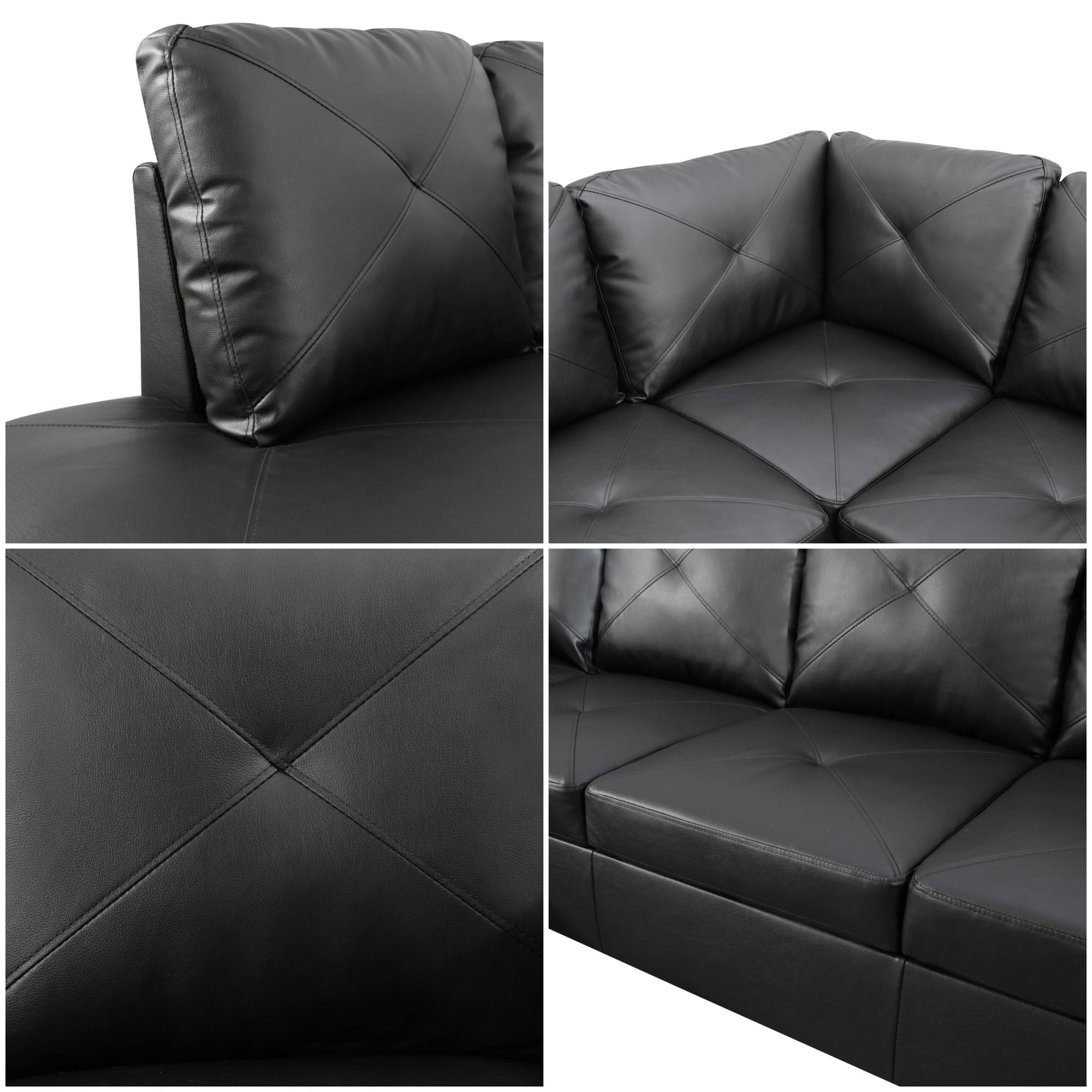 GlasFlength L Shaped Sectional Couches, Convertible Lounge Leather Couch with Reversible Cup Holder, Nail-Head Design Modern Modular Sectional Sofa for Living Room Furniture Sets, Black A