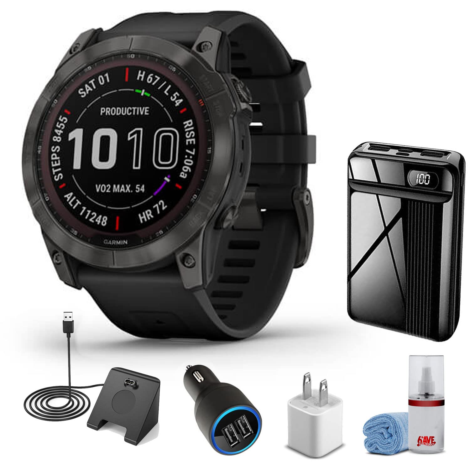 Garmin Fenix 7X Sapphire Solar Edition Smart Watch Carbon Gray Titanium with Black Band (51mm) + Watch Charging Stand + USB Car/Wall Adapter + 6TH AVE Cleaning Kit (010-02541-10)