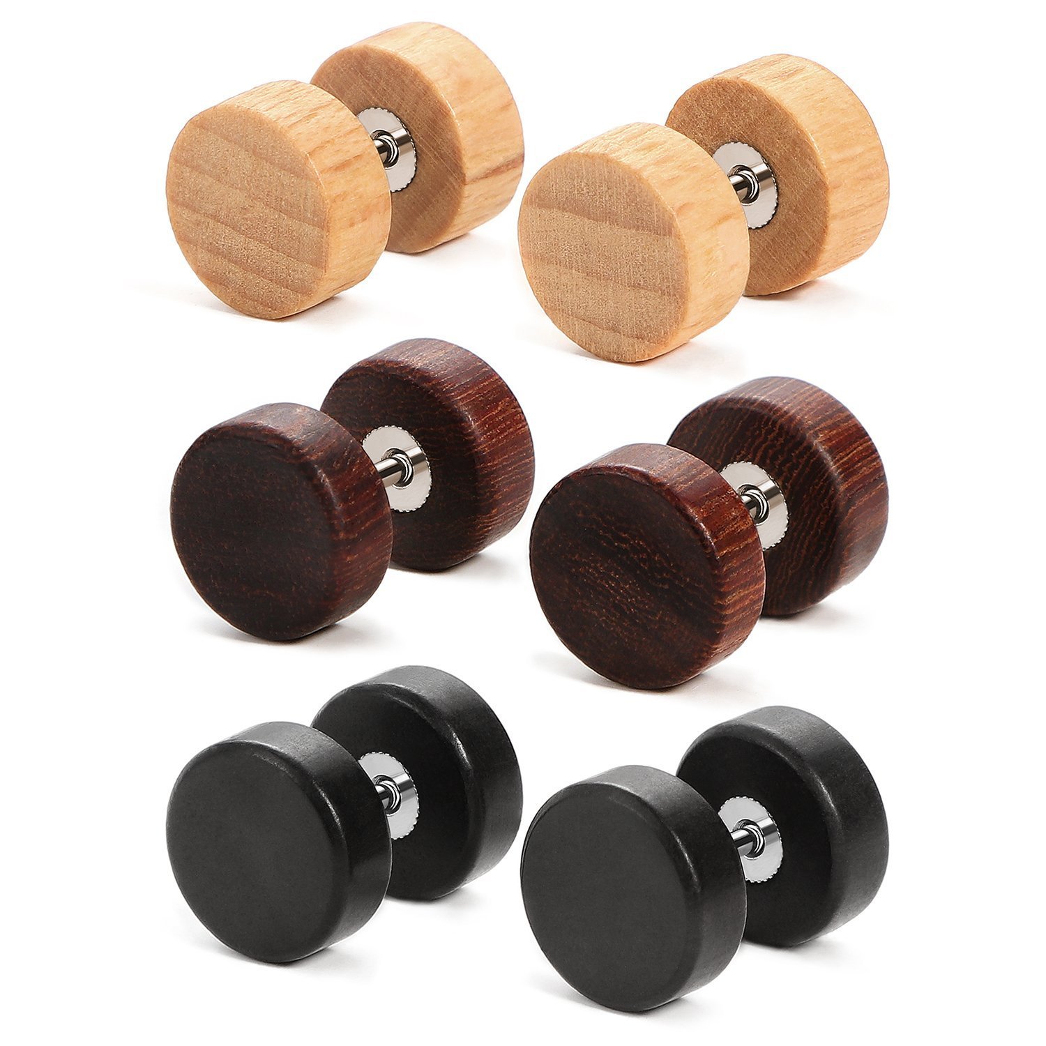 Charisma 10mm Wooden Vintage Stainless Steel Stud Earrings Ear Plugs Piercings Hypoallergenic Screw 3 Pairs