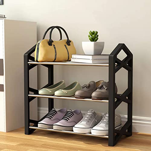 LODFHLL 3-Tier Small Shoe Rack,Metal Lightweight Shoes Shelf Multifunctional Organizer Stackable Stand Footwear Display Shelf,for Closet Hallway Entryway Living Room Bedroom (3-Tier Black Shoe Rack)