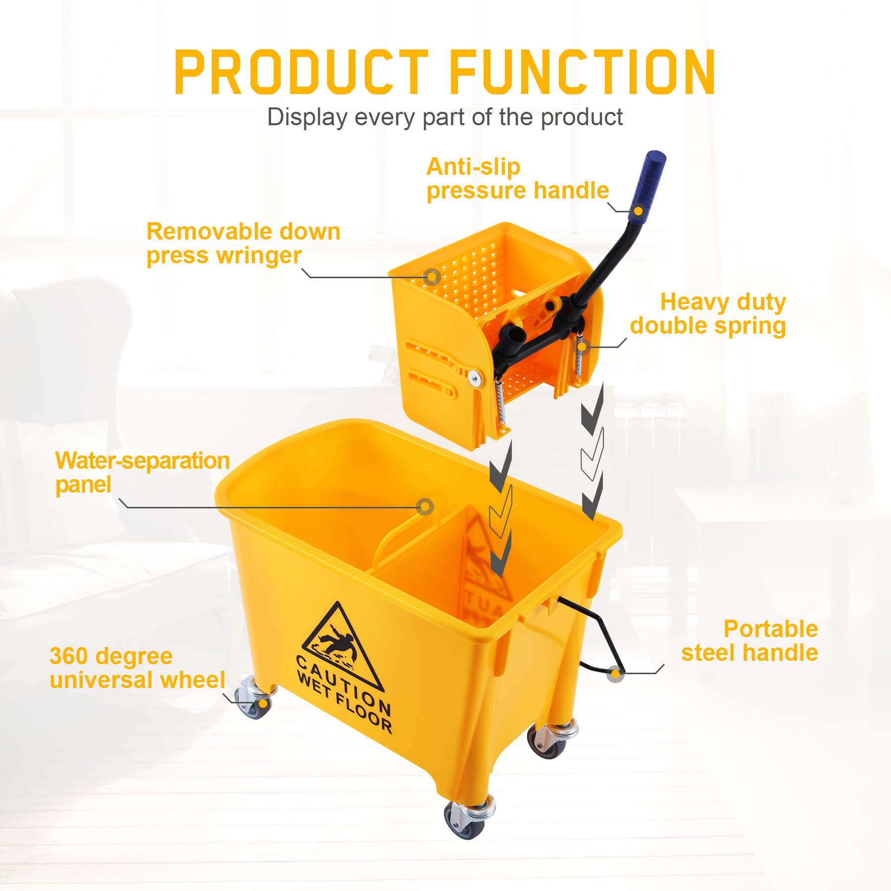 Ridgeyard Side Press Mop Bucket with Wringer and 4 Non-Marking Swivel Casters 20L Capacity for Home Use 41x26.5x40cm (Yellow)