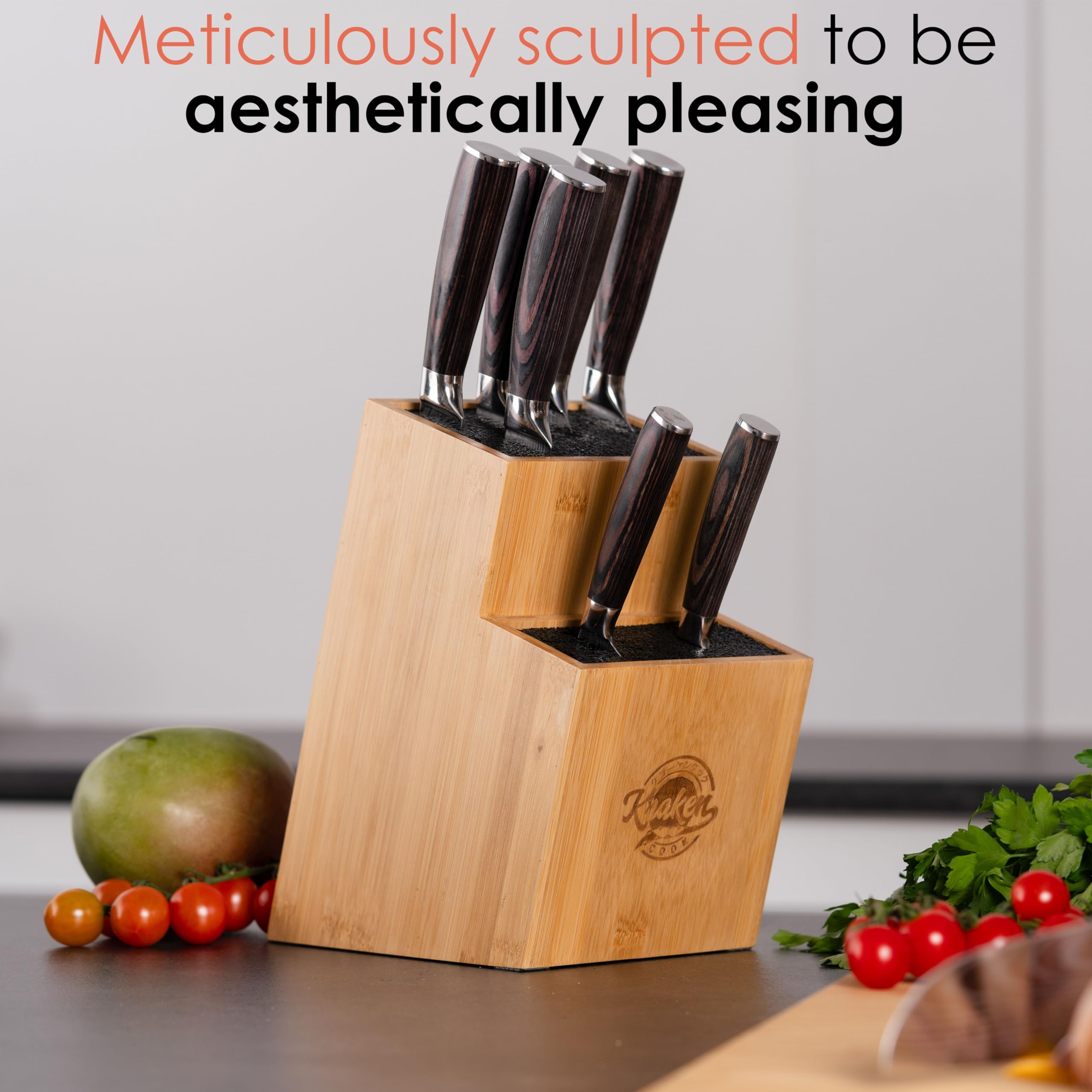 KrakenCook Bamboo Universal Knife Block - Extra large - Without Knives - Strong Resistant Rods - Anti Slip - Two Teired Slotless Knife Organiser