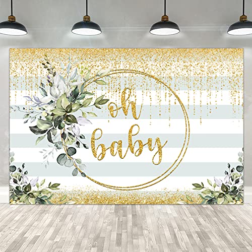 Lofaris Oh Baby Backdrop Baby Shower Green Leaves Gold Ring Golden Glitter Stripes Photography Background for Boy Girl Baby Shower Gender Neutral Newborn Party Decoration Banner Photo Booth Prop 9x6ft