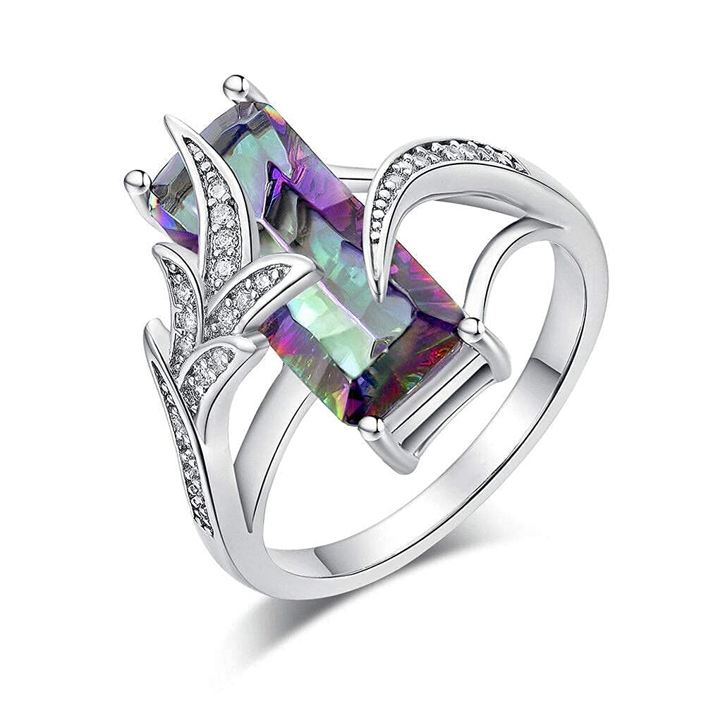 CiNily Womens Created Rainbow Topaz Rings White Gold Plated Jewelry Gifts Engagement Rings Size 7