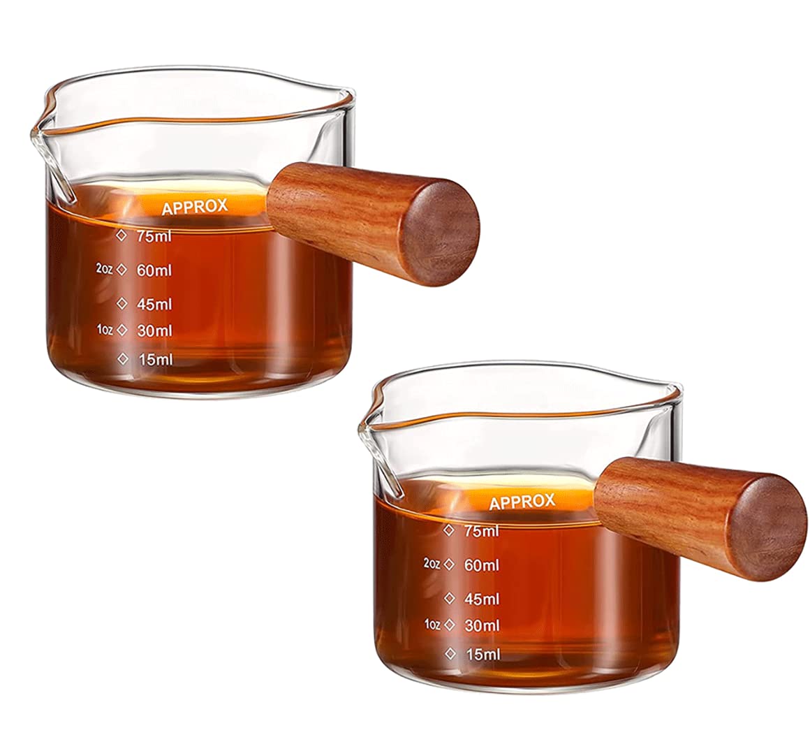 Espresso Shot Glass 75ML Double Spouts Espresso Measuring Cup Milk Cup Espresso Accessories with Wood Handle for Barista Coffee Espresso Making (2 Pack)