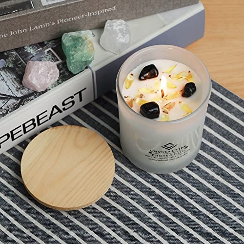 Protection Crystal Candle - Vanilla Scented Candle With Black Obsidian Crystals and Daisy Petals - Candle with Crystals Inside for Positive Energy