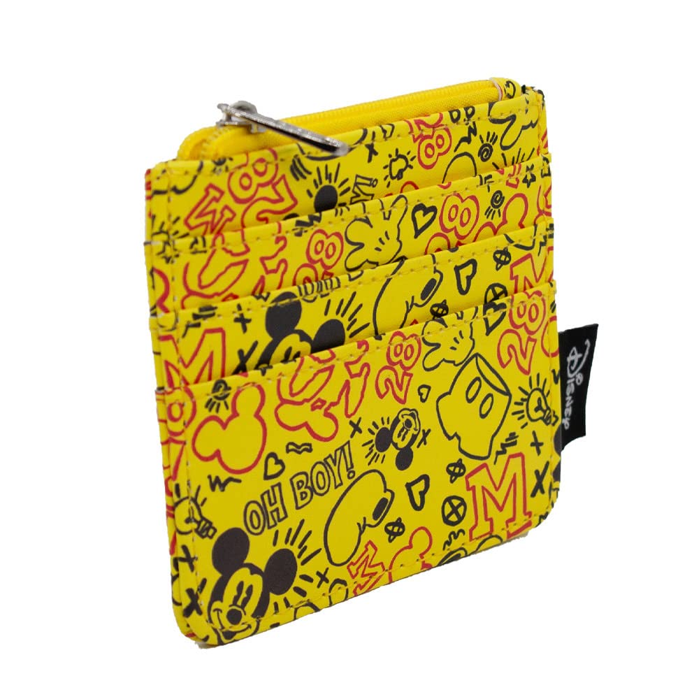 Disney Wallet, ID Zip Top, Mickey Mouse Icon Doodles Collage, Yellow, Vegan Leather
