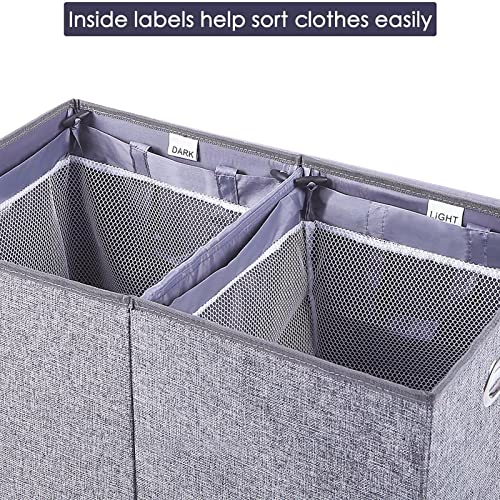 SUPERJARE Double Laundry Hamper with 2 Removable Liner Bags, 150 L Large Laundry Basket with Magnetic Lid, Collapsible Clothes Hamper with Easy Carry Built-in Handles, 2 Section, Linen Gray
