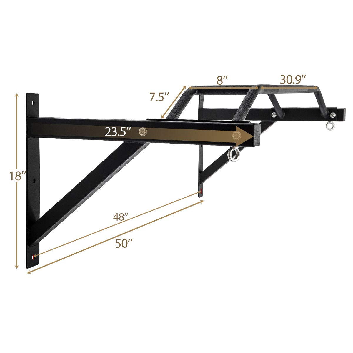 Wall Mount Pull-Up Bar - 47” Multi-Grip Chin-Up Station with Hangers for Punching Bags, Power Ropes for Home Gym Strength Training Equipment (Black.)