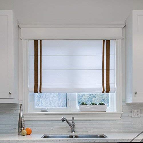LOGANOVA Flat Roman Shade Chevalle Chocolate. White base with double dark brown border and chain mechanism. Custom made.
