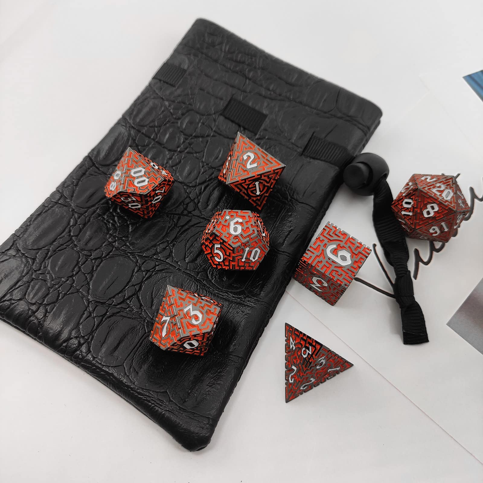 DND Metal Dice Set D&D Dungeons and Dragons Dice Polyhedron RPG Pathfinder MTG Table Games D and D Accessories 7pcs D20 D12 D10 D% D8 D6 D4 with Black Leather Bag Gift-Nickel Orange White