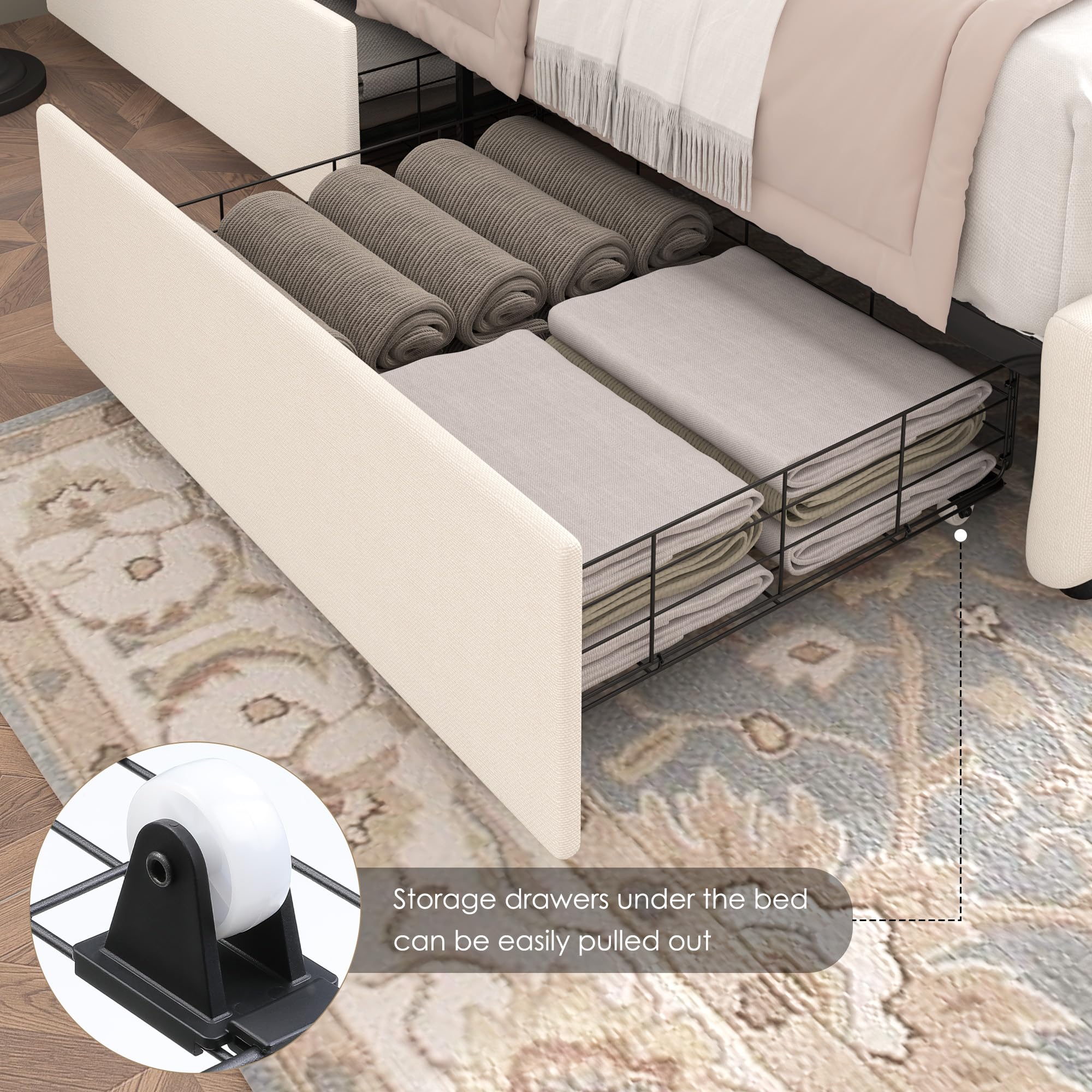 Keyluv Modern Upholstered Bed Frame with 4 Storage Drawers, Button Tufted Headboard Design, Solid Wooden Slat Support, Easy Assembly, Fabric, Beige, Queen Size