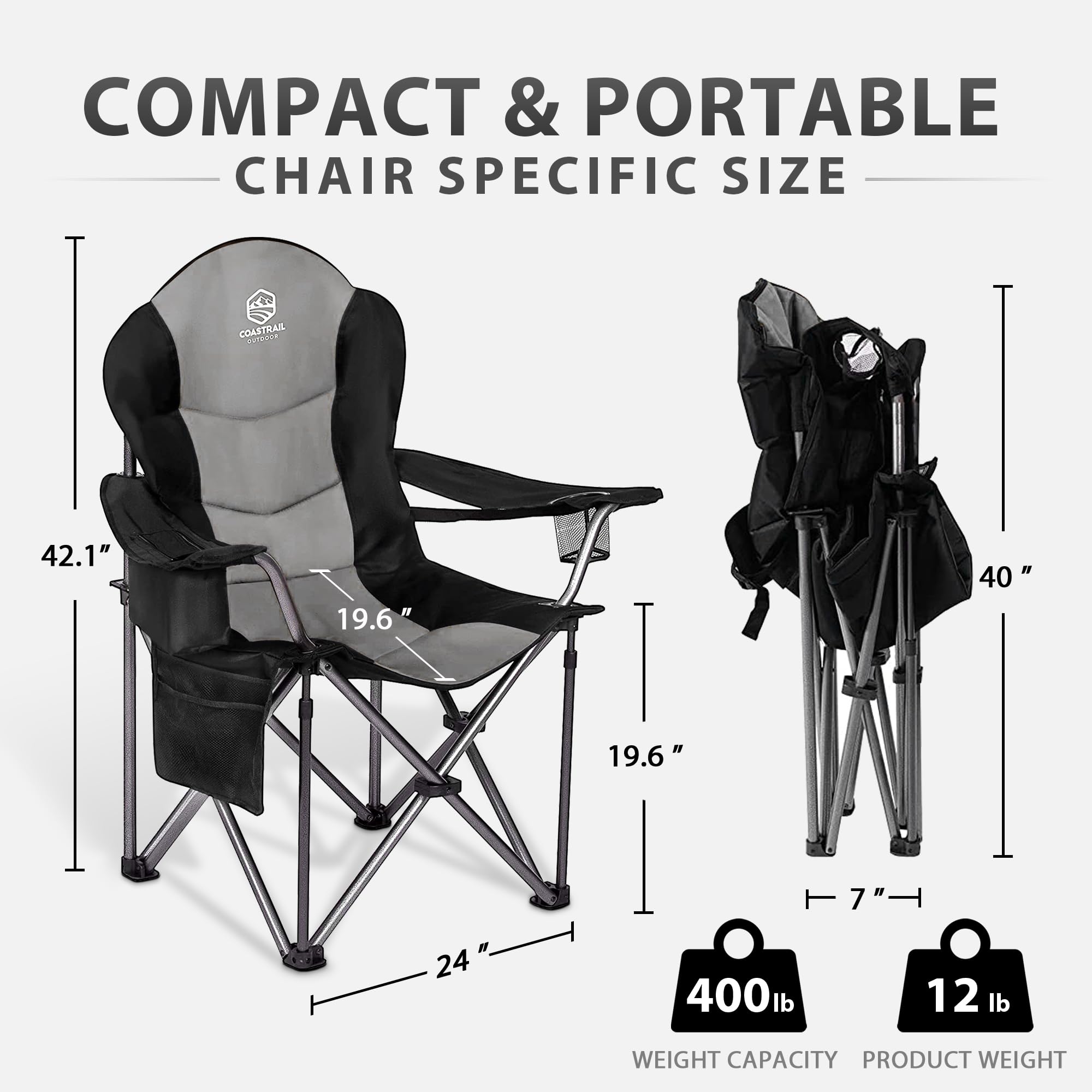 Coastrail Outdoor Camping Chair Oversized Padded Folding Quad Arm Chairs with Lumbar Back Support, Cooler Bag, Cup Holder & Side Pocket, Extra Head Pocket, Supports 400 lbs (Black, Modern)