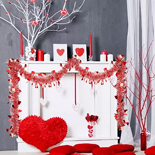 KIMOBER 33 Ft Valentine's Day Tinsel Garland,Red White Heart Metallic Hanging Garland for Party Decoration Supply