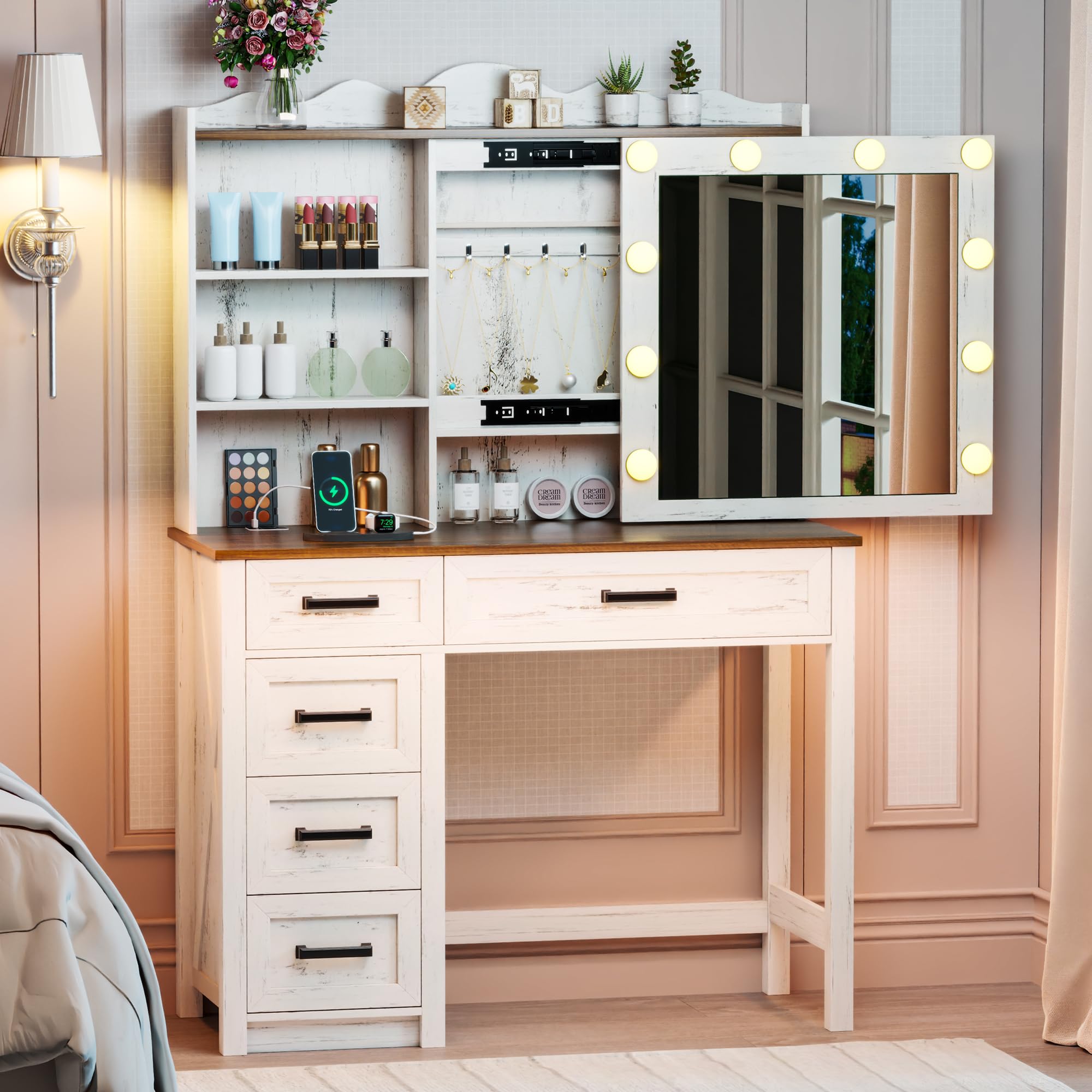 HNEBC Vanity with LED Lights, Vanity Makeup Desk with Charging Station,Vanities Table with LED Mirror, Dressing Table with 6 Drawers/Stool as Gifts for Women, Vanitys Set for Bedroom,Black