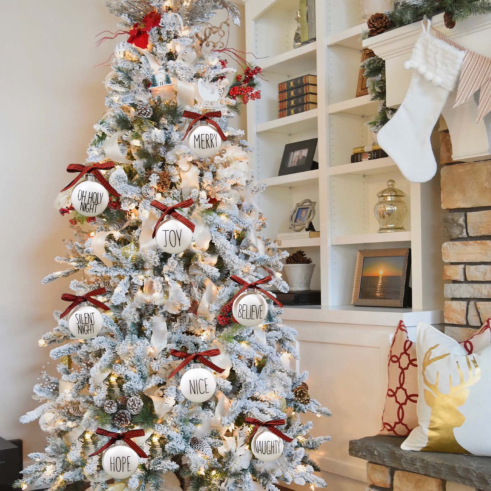 Christmas Ornaments - Xmas Tree Decorations - Set of 12 Shatterproof Bulbs with Buffalo Plaid Bows - White Holiday Balls Rustic Farmhouse Decor