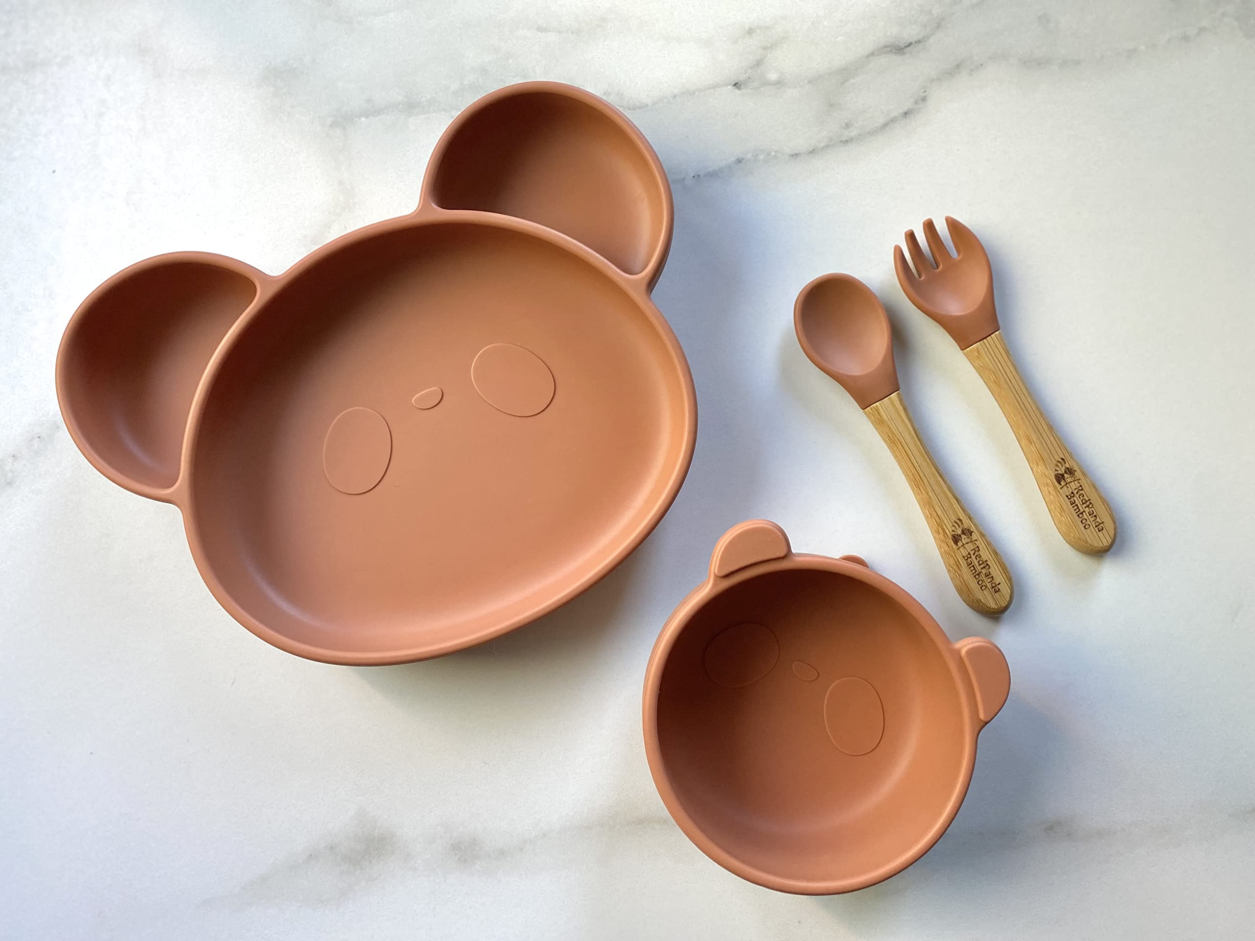 Red Panda Bamboo Silicone Suction Plate and Bowl Set with Spoon and Fork BPA Free Divider Kids Plate Bear Plate Bear Bowl Animal plate Microwave Safe Dishwasher Safe