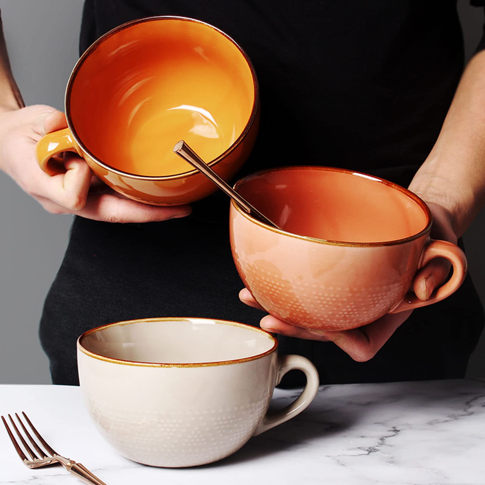 EISTEE Cereal Bowl,soup bowl,tea bowl,Large Soup Cup Ceramic Breakfast Bowl with Handle, 700ml Cereal Soup Bowl, Pumpkin Soup and Salad. Dishwasher, Microwave and Oven are Safe.-red (Color : Red)