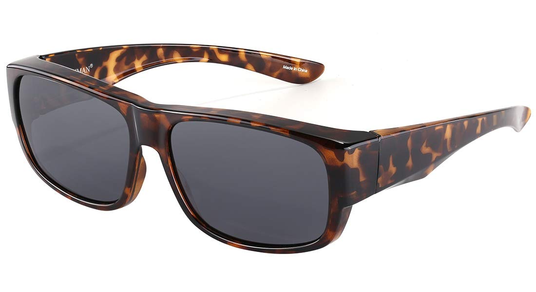CAXMAN Oversized Fits Over Sunglasses Mirrored Polarized Lens for Prescription Glasses with Soft PU Case, Black Frame Black Lens, Size 55mm
