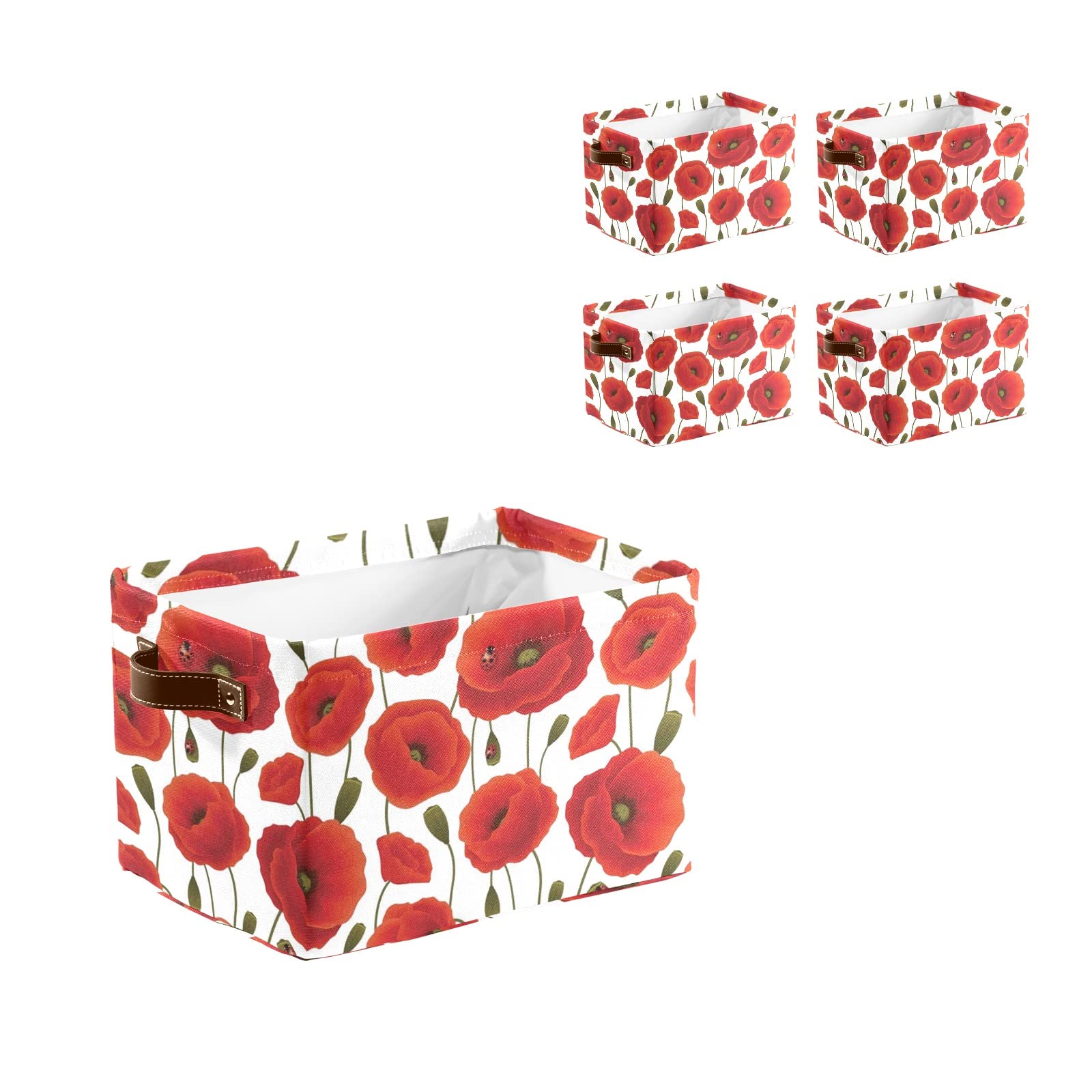 Red Poppy Flower Storage Bin Box with Handle Collapsible Closet Organizer Basket for Clothes Pets Toy Nursery