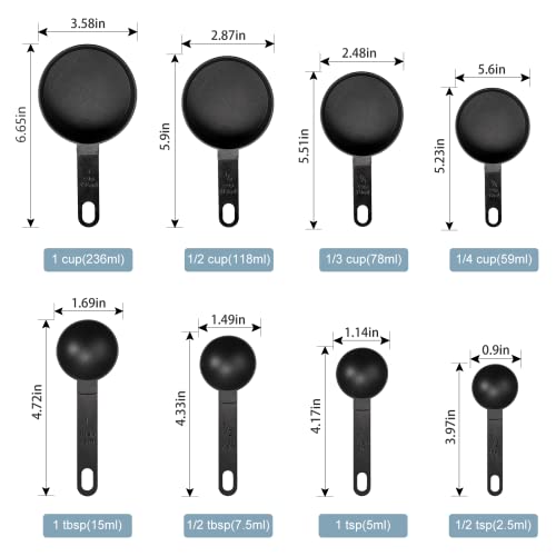 NileHome Measuring Cups and Spoons Set, Plastic Measuring Spoons 8 Piece Includes 4 Measuring Cup Set and 4 Measuring Spoons Set Stackable Stainless Steel Handle Measure Cups for Cooking&Baking, Black