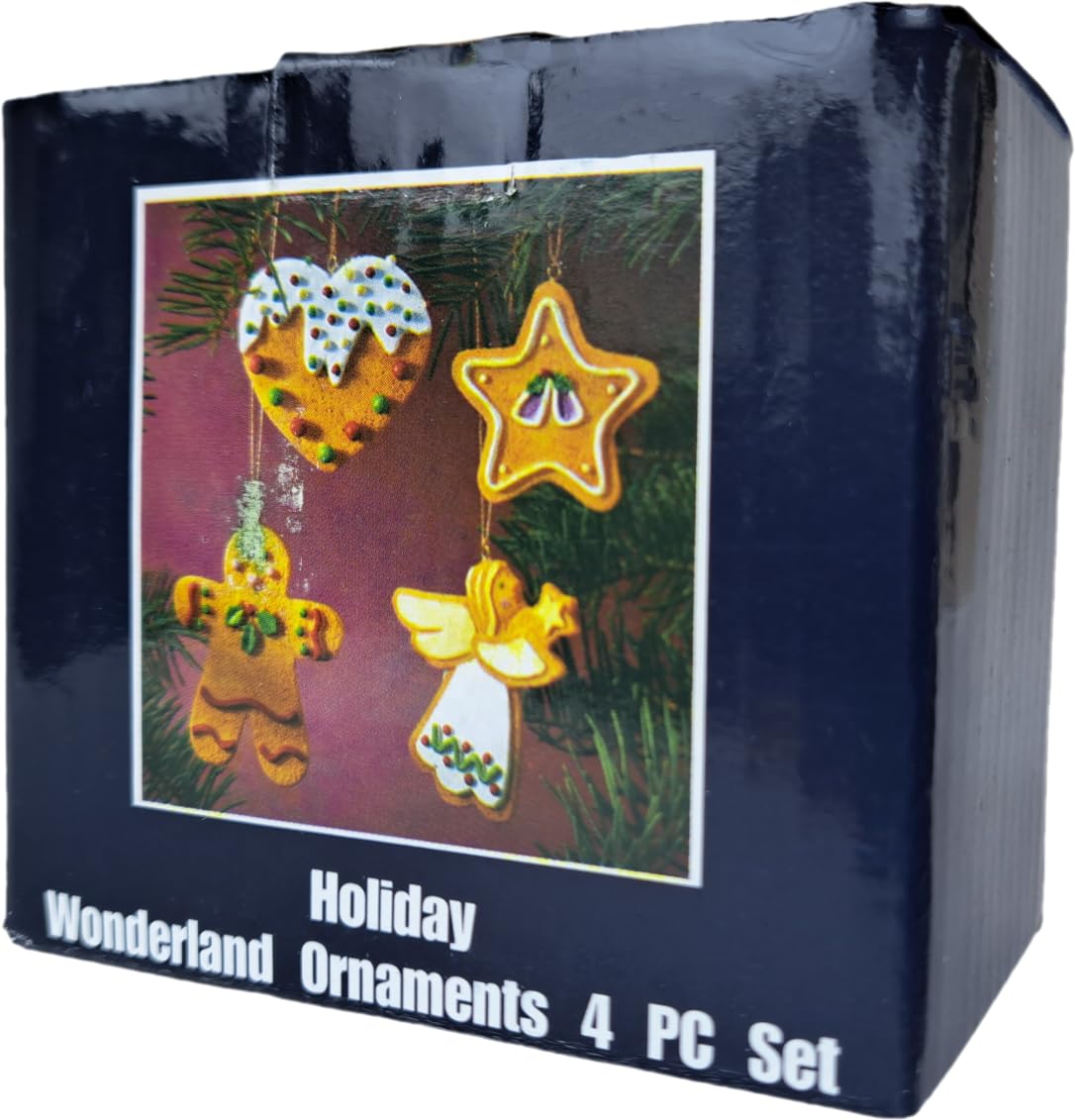 Christmas Ornament 4 piece Set, Festive Clay Decorations for Tree, Man, Boy, Girl, Star, Heart, Angel, and Frosted Gingerbread Cookie Designs - Rustic Shatterproof Classic Tree Decorations