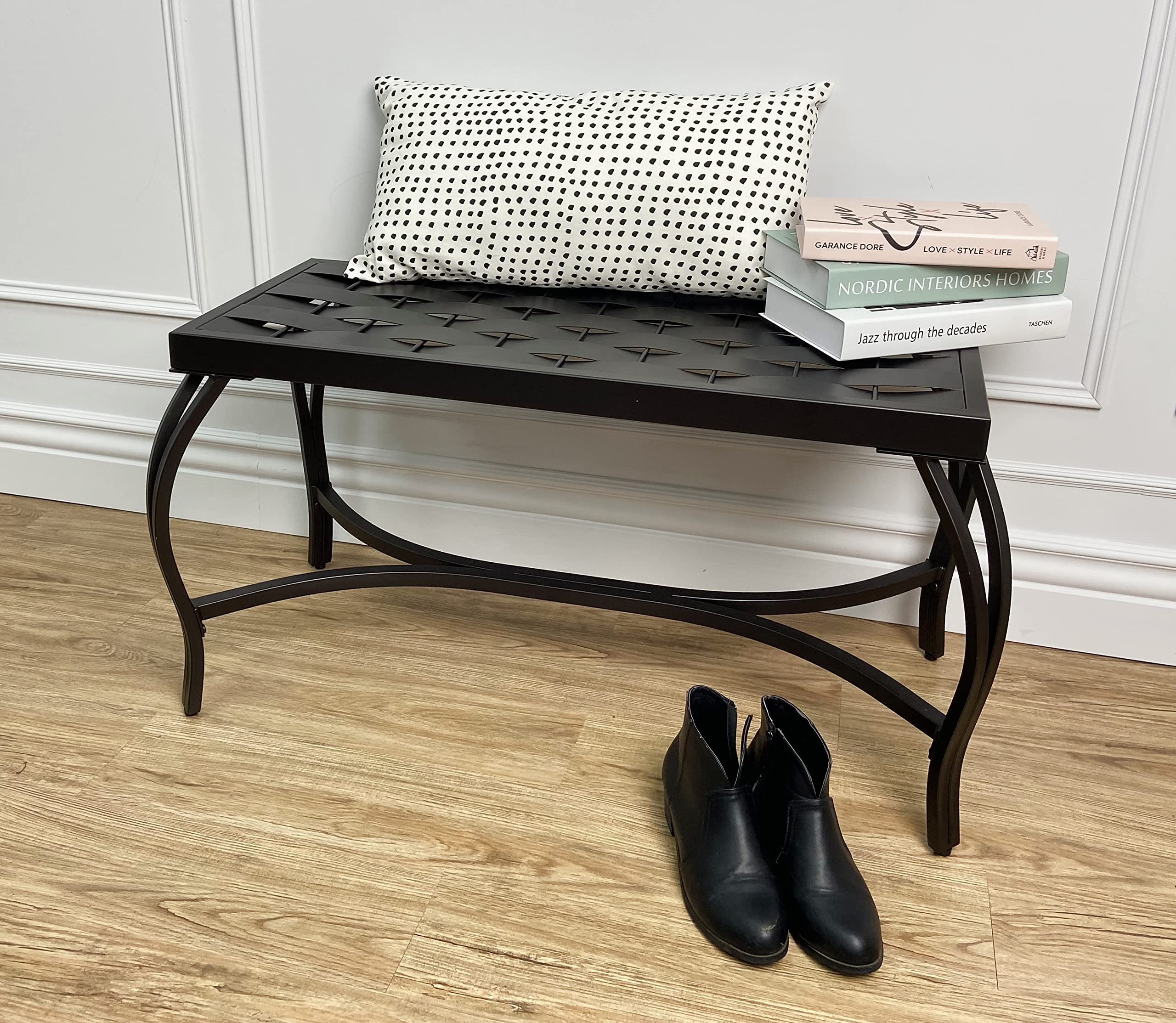 Mango Steam Free Standing Patio Garden Weave Bench, Metal Charcoal Black