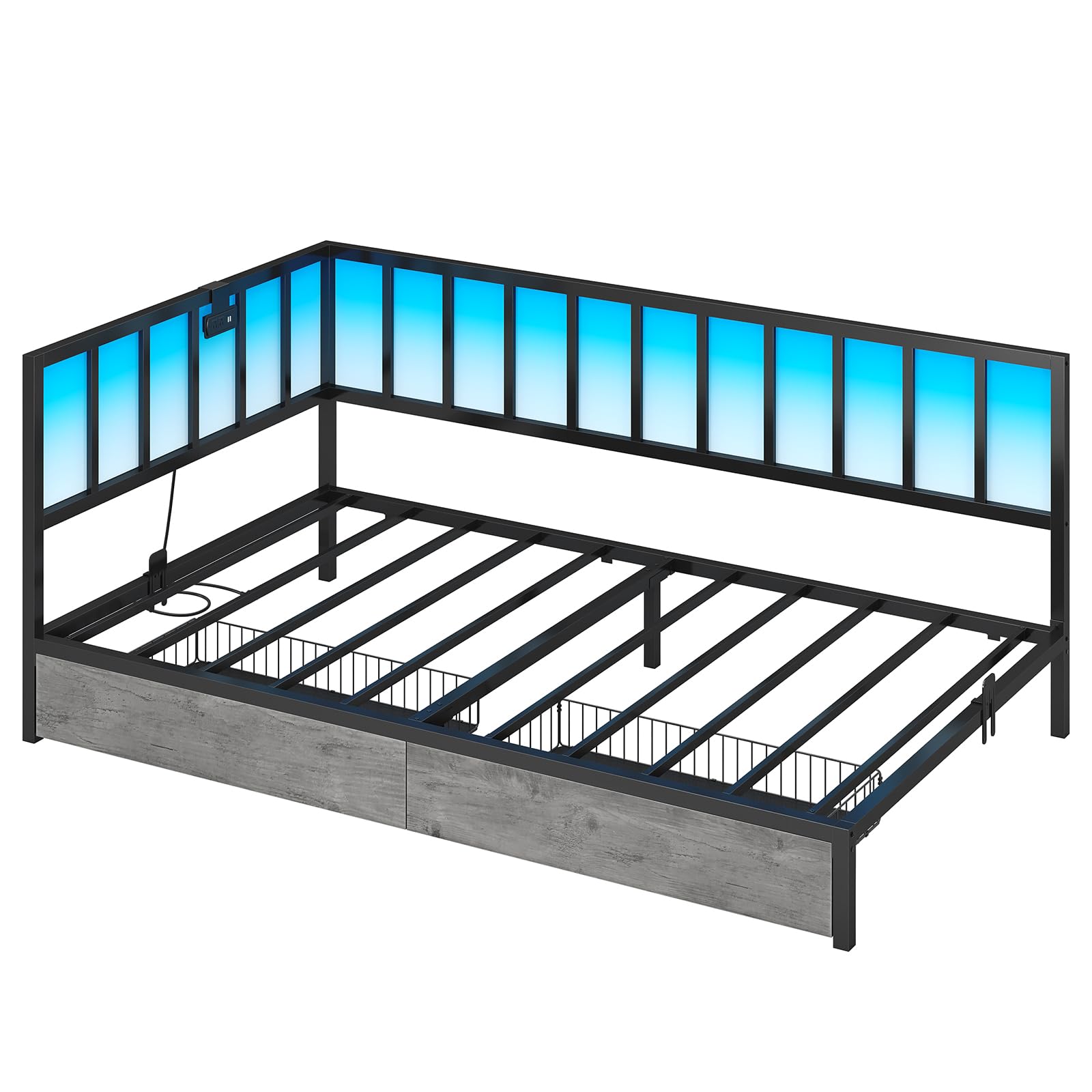 Hasuit Corner Bed Frame Twin Size with LED Light and Charging Station, Modern Twin Bed with 2 Underbed Storage Drawers, Modern Daybed No Box Spring Needed/Noise-Free, Black&Gray