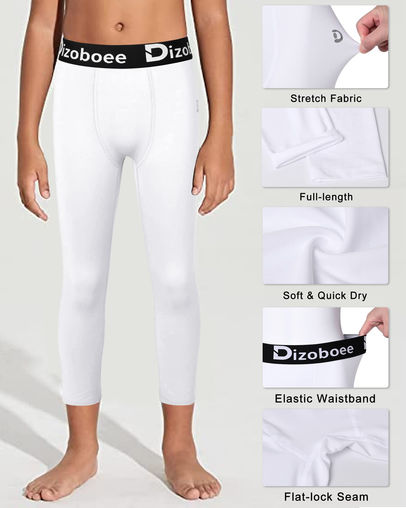 Dizoboee Boys 3/4 Compression Pants Leggings Tights for Sports Youth Kids Athletic Basketball Base Layer White M