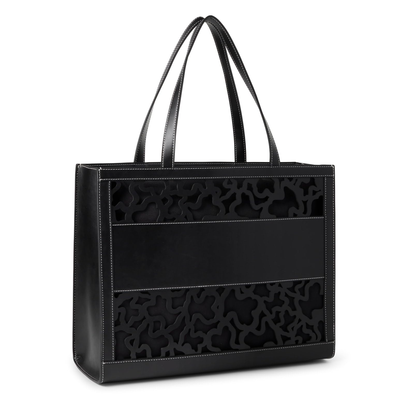 TOUS Brown and Beige Leather-Effect Vinyl with Bear Print Shopping Bag for Women, 40x33x20 cm, Amaya Kaos Icon Collection