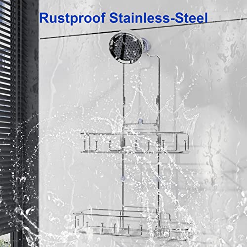 Neahom Adjustable Hanging Shower Caddy Shelf, Hanging Over Shower Head Shower Caddy Bathroom Organizer, Rustproof Storage Shower Rack Holder with Soap Dish and Hooks for Towel, Razor and Sponge Silver