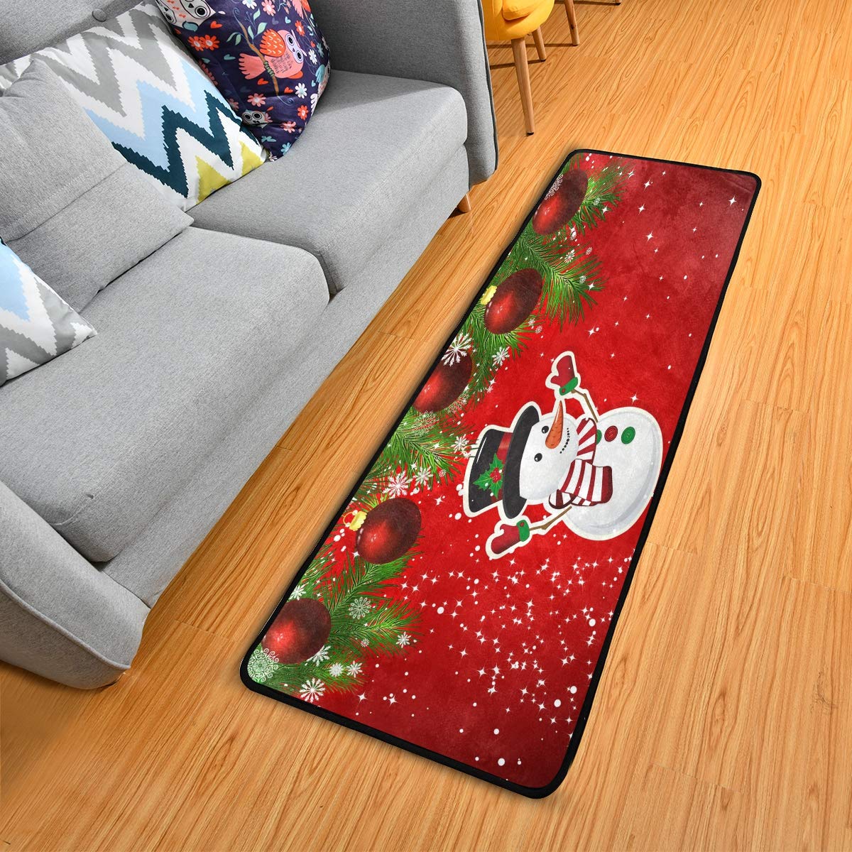 Christmas Runner Rug, Red Christmas Snowman Runner Rug Floor Mat Non-Skid Kitchen Rug Soft Area Rug for Bathroom Entryway Hallway Dining Living Room