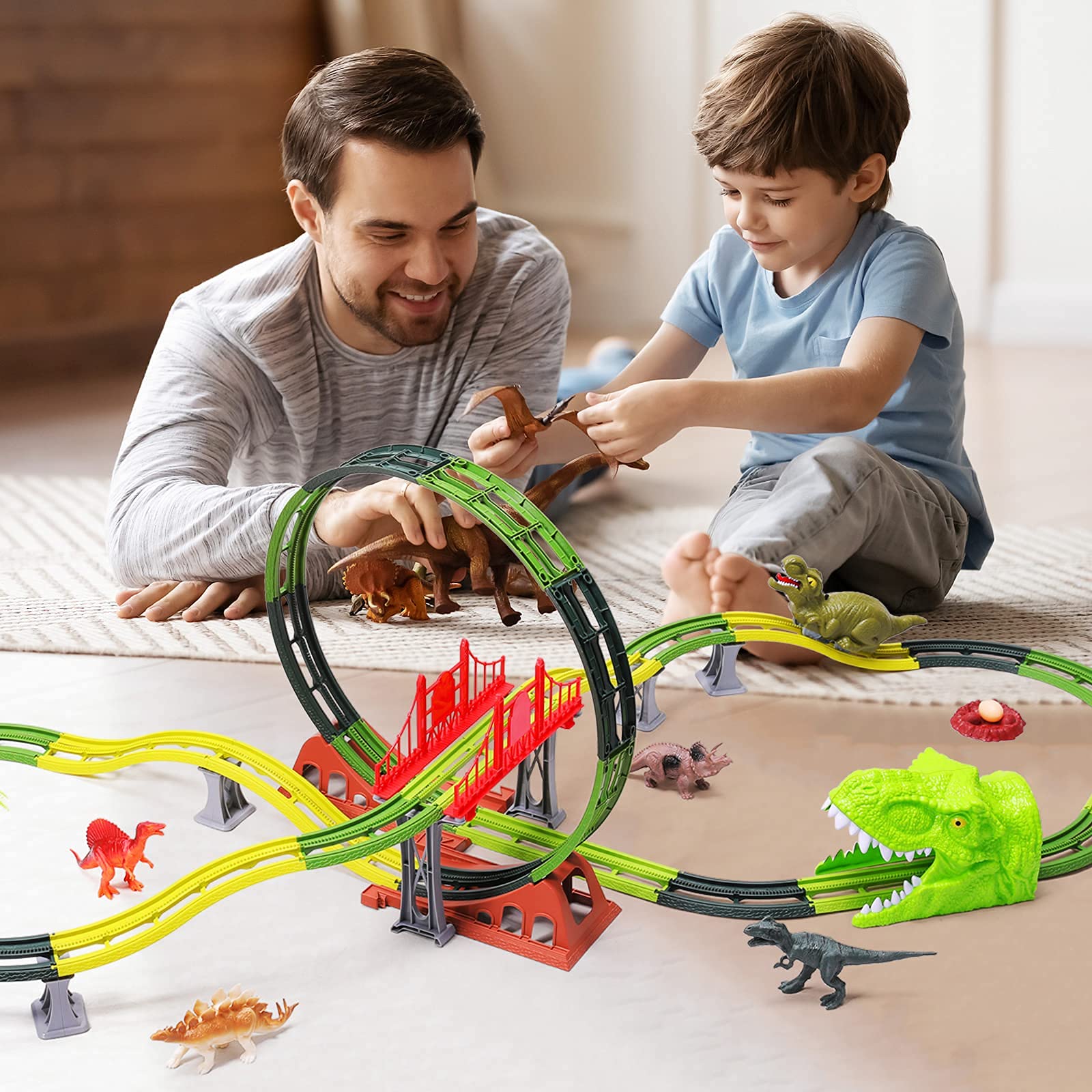 πππ πππππ ππ ππππππ Dinosaur Race Track Train Toys, Flexible Dinosaur Train with LED Roaring Lights, Dino Toys & Dino Eggs, 3 Year Old Boy Birthday Gift