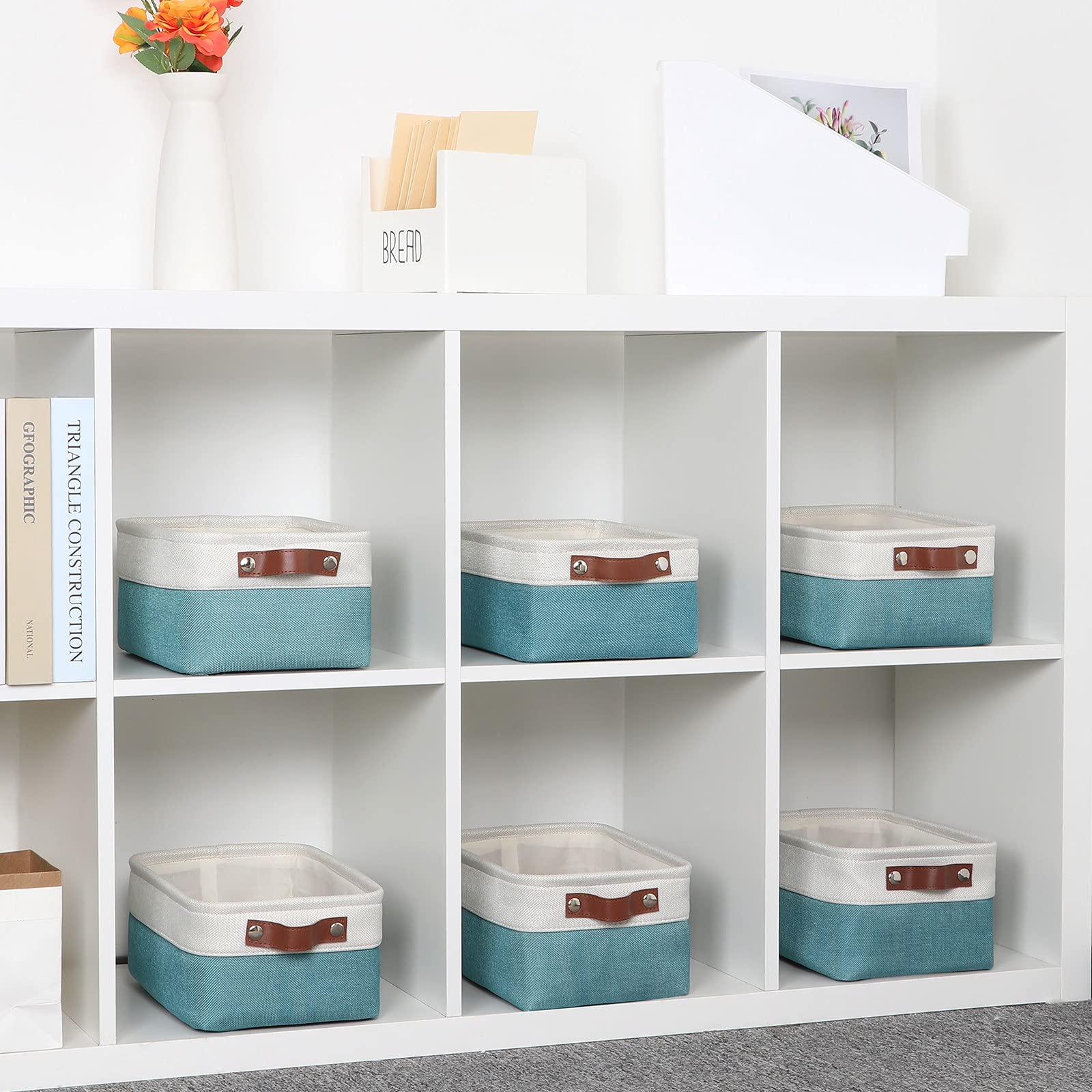 DULLEMELO Collapsible Bundle Baskets 6 Small Baskets 11.8"x7.9"x5.1" + 2 Narrow Baskets 15"x6"x5.5"(White&Teal)