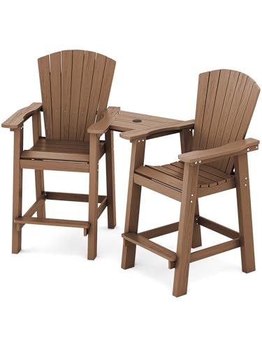 KINGYES Embossed Balcony Chair, Tall Adirondack Chair Set of 2 Outdoor Adirondack Barstools with Connecting Tray, High Airondack Chair with Wood Grain, Brown