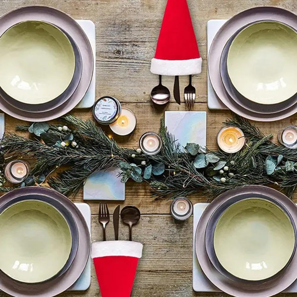 Christmas Santa Hats Silverware Holders,Xmas Party Dinner Table Dinnerware Decorations,Mini Santa Hats for Silverware Holders, Candy Covers, Wine Bottle Decor