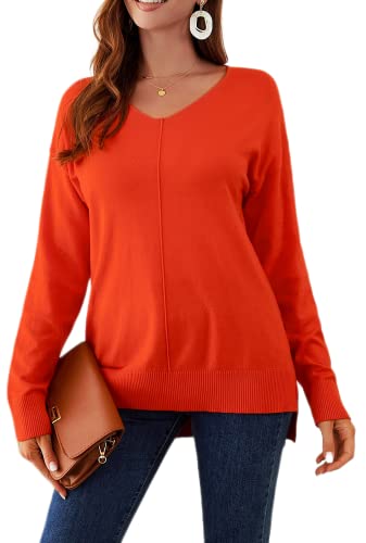 MicroStar Women's Spring Casual Lightweight V Neck Batwing Long Sleeve Knit Top Loose Pullover Sweater Orange